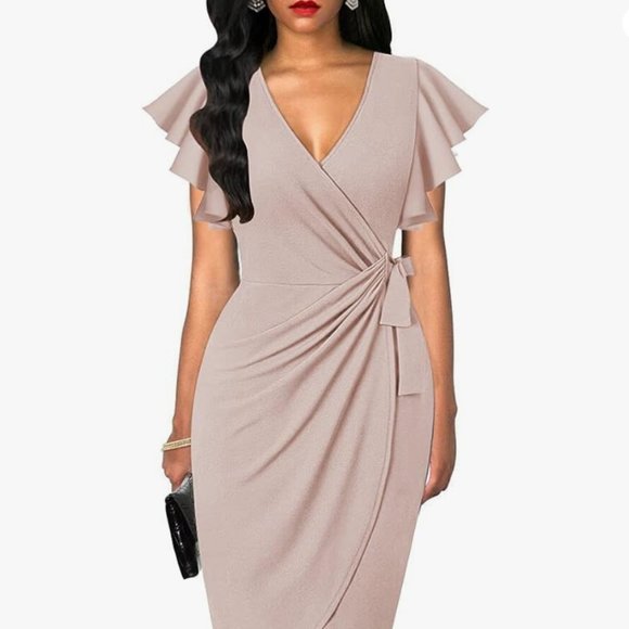 Oten | Dresses | Oten Deep V Neck Ruffle Sleeve Sheath Cocktail Party ...